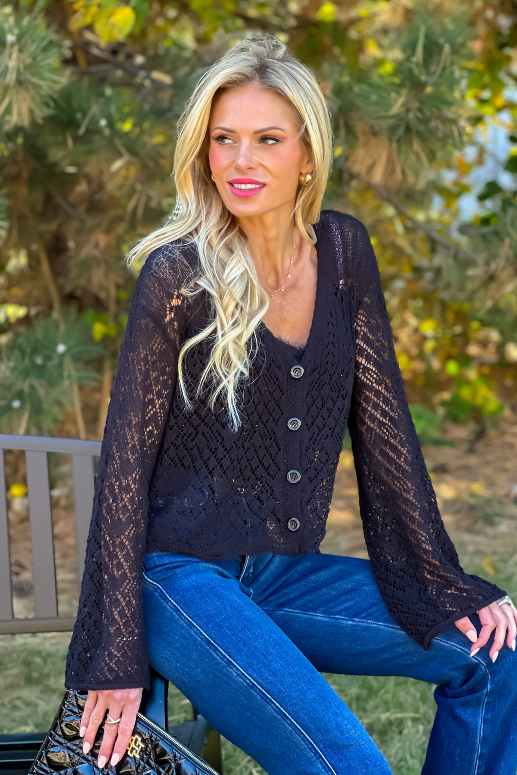 Leilani Allie Rose Pointelle Scallop Hem Cardigan : Black – TeaElla